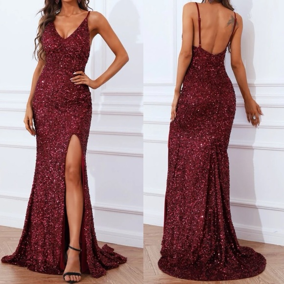 Dresses | Luxe Gray Slit Thigh Open Back Mermaid Hem Party Formal ...
